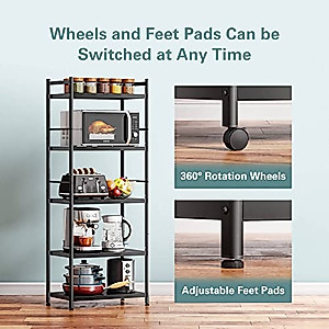 Denkee 5-Tier Kitchen Baker's Rack, Heavy Duty Free Standing Baker's Rack for Kitchens Storage with Rolling Wheels, Upgraded Industrial Microwave Oven Stand Rack (23.6 L x 14.6 W x 62.99 H)