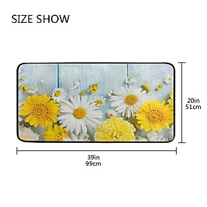 susiyo Kitchen Mat Sunflower Daisy On Blue Wooden Kitchen Rug Mat Anti-Fatigue Comfort Floor Mat Non Slip Oil Stain Resistant Easy to Clean Kitchen Rug Bath Rug Carpet for Indoor Outdoor Doormat