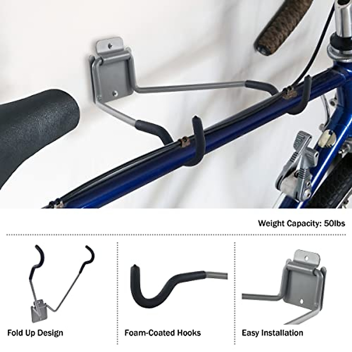 Stalwart Bike Wall Mount Set of 2 - EVA Foam Padded Bicycle Hooks - Flip-Up Garage Bicycle Rack Pair with 50lbs Capacity Each (Pack of 1)