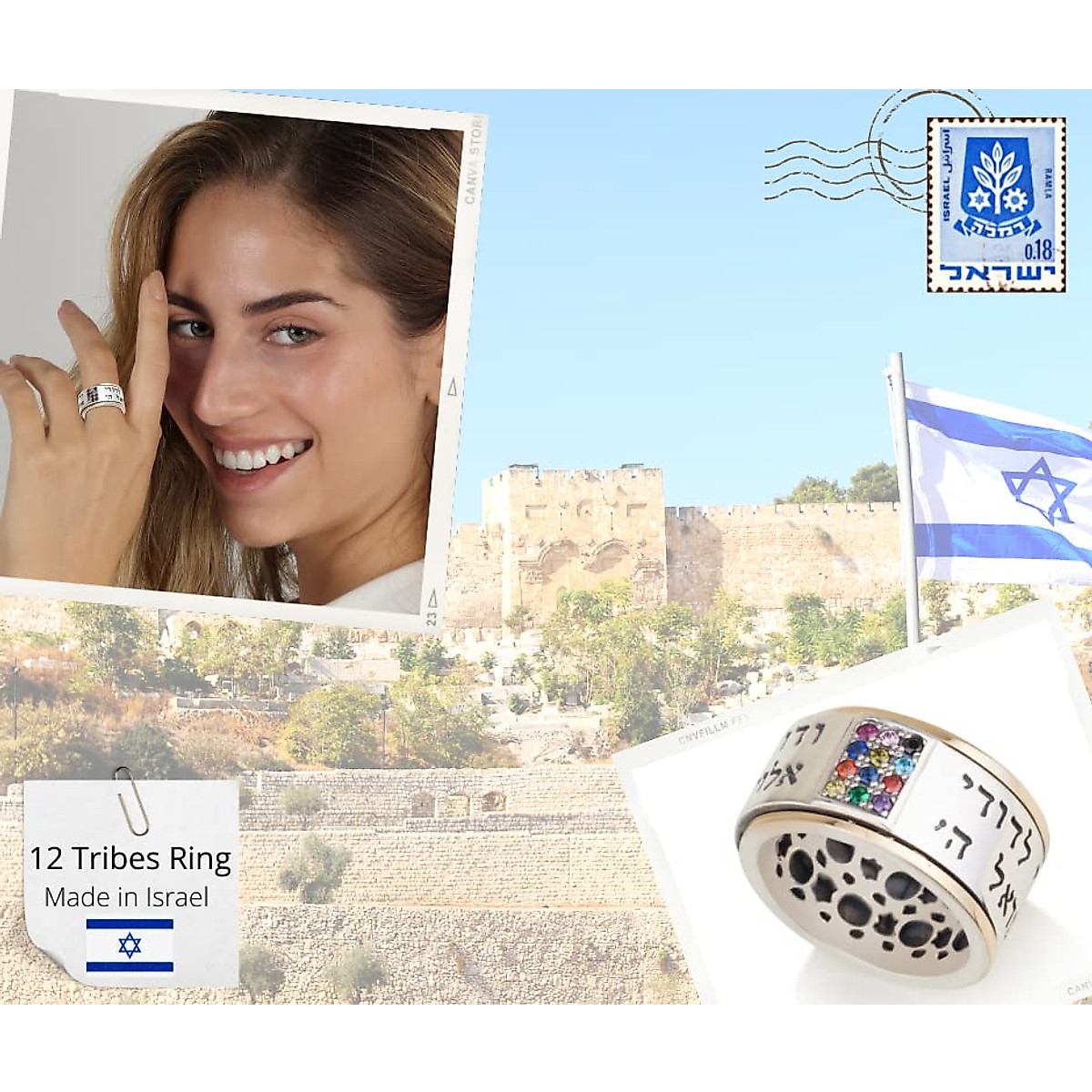 9k Gold 925 Sterling Silver Spinning Ring Hoshen 12 Tribes "Ani Ledodi Vedodi Li Shema Israel 0.43" Bible Blessings Israel Gifts Rare Jewish Unique Hebrew Kabbalah Holyland Jewelry