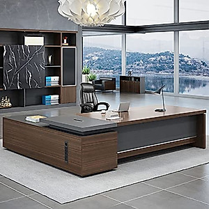 RUNNUP Contemporary Home Office Desk L-Shaped Wooden Executive Desk with Locking Drawer Brown Computer Desk - Right - 63" L x 71" W x 30" H