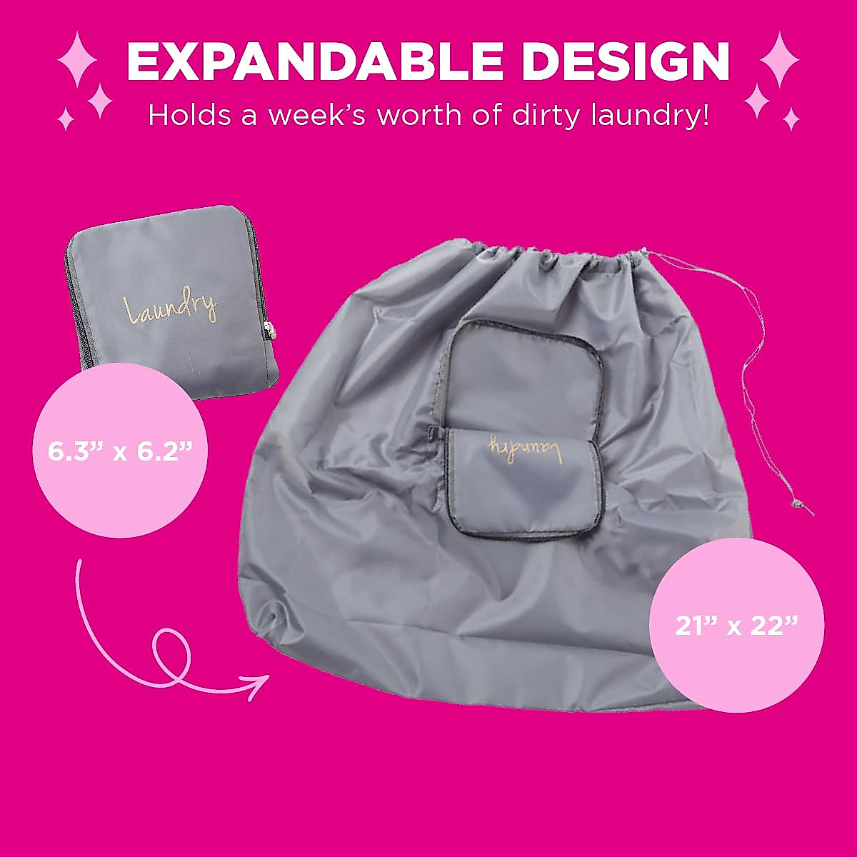 Miamica Foldable Travel Laundry Bag, Grey & Gold – Measures 21” x 22” When Fully Opened – Foldable Laundry Bag with Drawstring Closure – Durable, Lightweight Travel Accessories