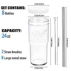 CRTWDMAN 8 Pack Glass Cups Iced Coffee Cups Mason Jars 24oz Drinking Glasses Tumbler with Bamboo Lids and Straws Beer Glass Smoothie Cups for Boba Bubble Tea soda Juice