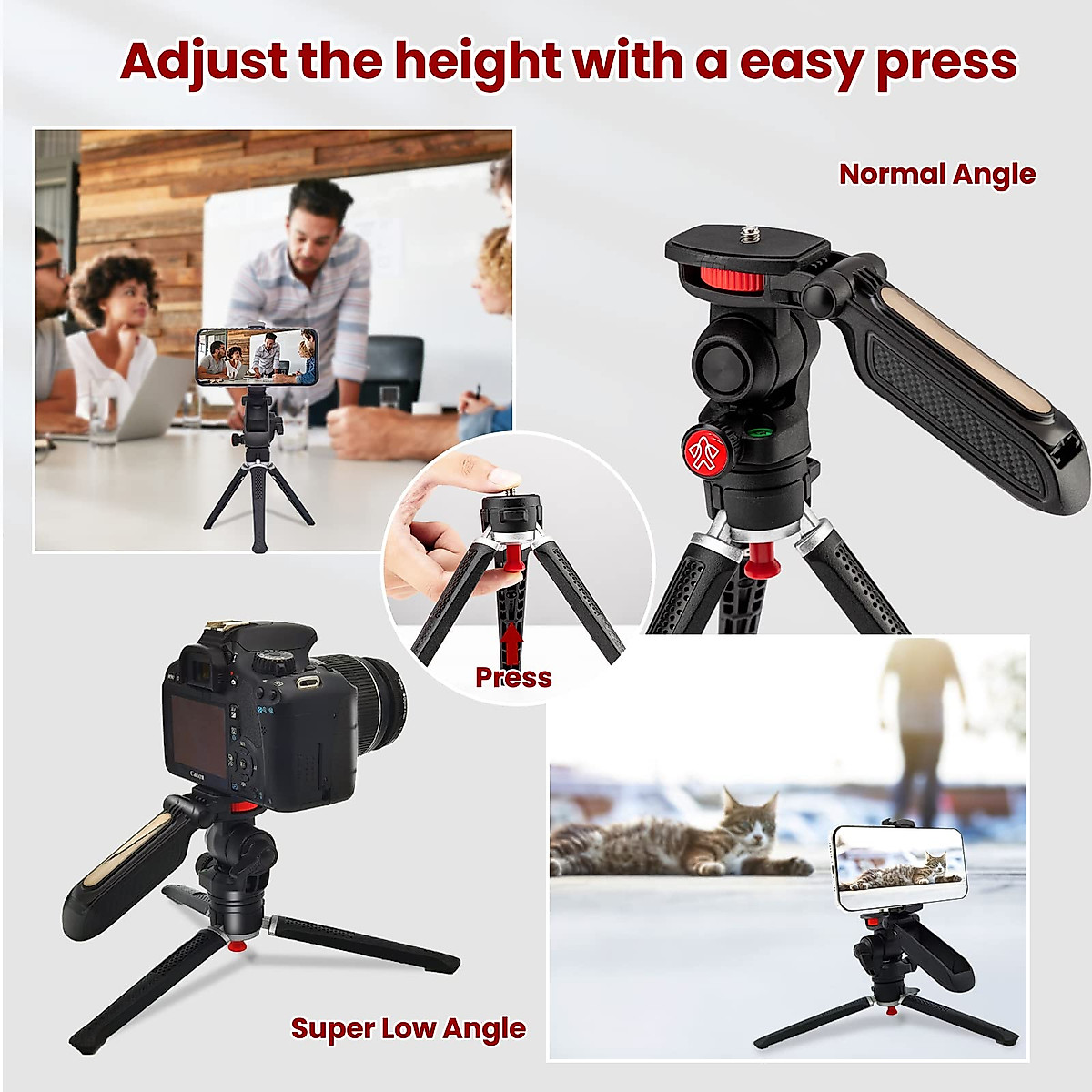 Goocong Mini Tripod for Camera, Small Camera Stand Tripod Phone Holder for Video Recording Vlogging Handle Grip with Cell Phone Mount, Cold Shoe Selfie Stick for iPhone Webcam Projector Camera