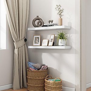 30 Inch Floating Shelves, White Wood Floating Shelves for Wall Set of 2, 30'' Long Wooden Wall Shelves for Living Room Bedroom Bathroom Home Office - White