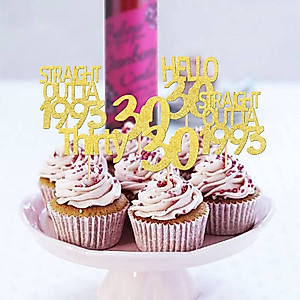 36PCS Happy 30th Birthday Cupcake Toppers Gold Glitter Thirty Hello 30 Straight Outta 1993 Cupcake Picks for Cheers to 30 Years Birthday Wedding Anniversary Party Cake Decorations Supplies