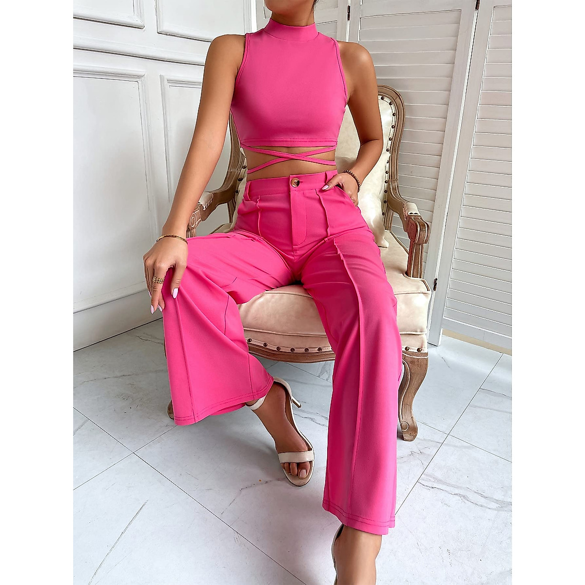 MakeMeChic Women's 2 Piece Outfits Mock Neck Criss Cross Crop Tank Top and Wide Leg Pants Set Hot Pink L