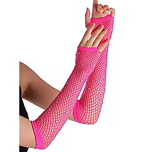 OTPEH Women Fishnet Rhinestone Gloves Fingerless Kids Fish Net Arm Sleeve Warmers 80s Emo Scene Accessories Pink