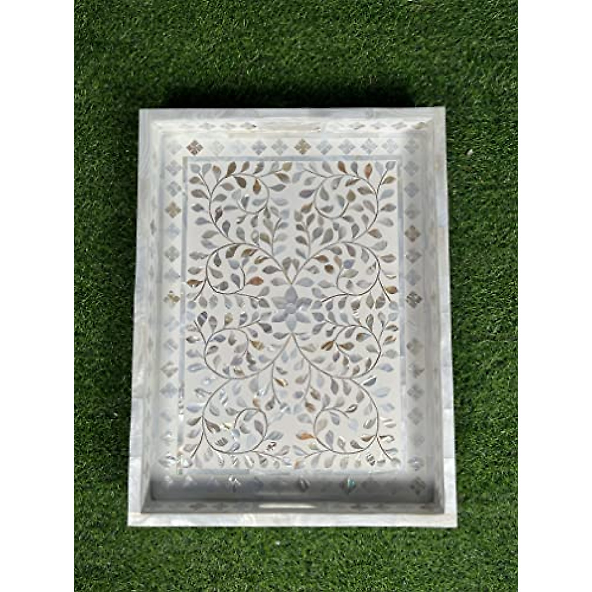 Beautifully Handcrafted Antique Mother of Pearl Serving Tray | White Colour Home Decor Tray | Decorative Food Platter | Handcrafted Ottoman Tray | Breakfast in Bed Tray - Fairdeal Handicrafts