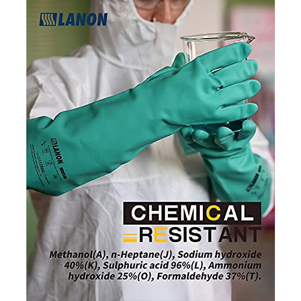 LANON Nitrile Chemical Resistant Gloves, Reusable Heavy Duty Safety Work Gloves, Acid, Alkali and Oil Protection, 18" Length, Non-Slip, Large