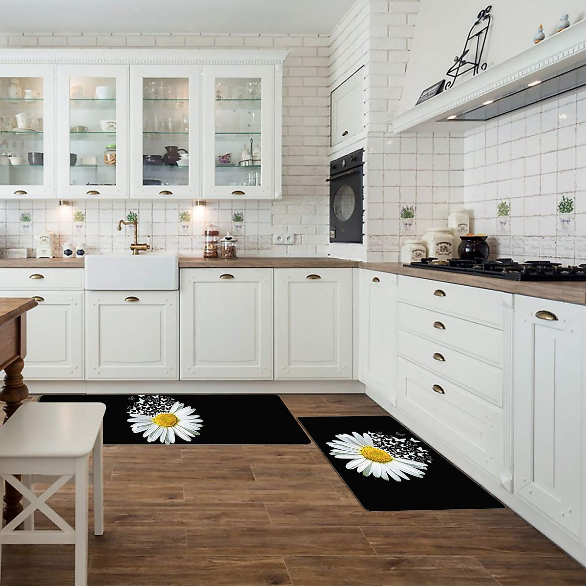 White Daisy Kitchen Mat Set of 2, Anti Fatigue Comfort Floor Mats for Kitchen Living Room Laundry Waterproof Non Skid Standing Rug Set, Butterfly Petals