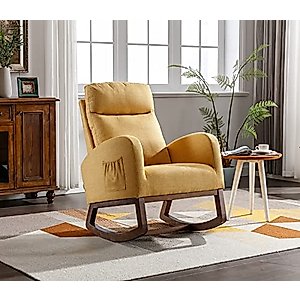 KINFFICT Comfy Rocking Chair, Upholstered Accent Glider Rocker for Baby Nursery or Relaxation, Living Room Armchair with High Back and Headrest, Modern Rocking Glider with Side Pocket, Yellow