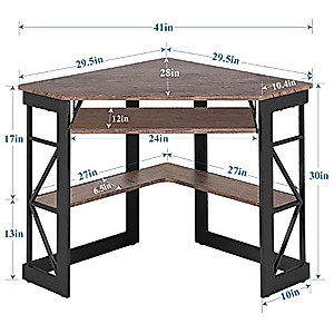 VECELO Corner Computer Desk Writing Smooth Keyboard Tray & Storage Shelves,Compact Home Office Triangle Table, Rustic Natural Brown