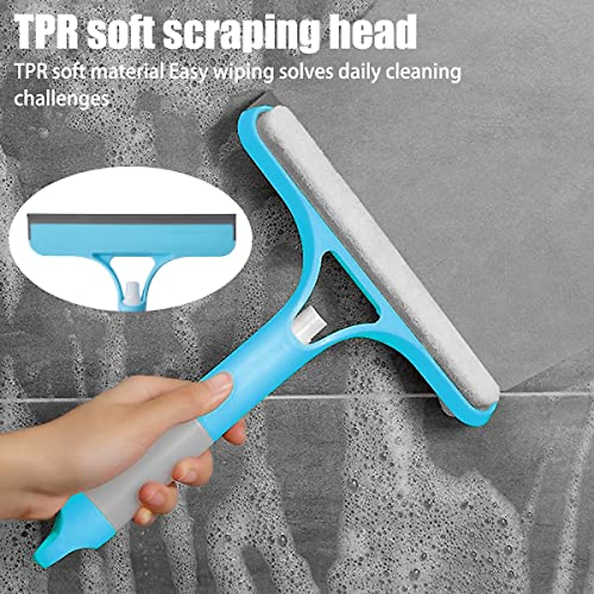 zipelo 3-in-1 Window Squeegee, Window Cleaning Tool for Car Indoor Outdoor High Windows with Sponges and Spray, Multifunctional Glass Squeegee for Shower Doors, Bathroom, Window (Blue)