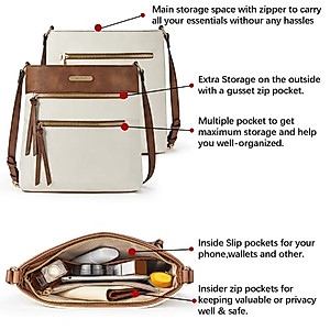 BOSTANTEN Crossbody Purses Shoulder Bags for Women Designer Leather Zipper Cell Phone Purses Handbags with Adjustable Strap Brown with White