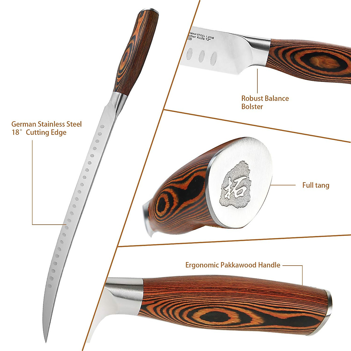 TUO Butcher Knife - 12 Inch Breaking Butcher s Knives Curved Granton Edge Carver Slicing Knife Long Meat Veggies Cleaver - German HC Steel Comfortable Pakkawood Handle - Fiery Series Gift Box Included