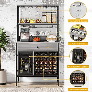 Tribesigns 64" Wine Rack, 5-Tier Wine Bar Cabinet with 6 Hooks, 32-Bottles Large Capacity Liquor Cabinet with Wine Bottle Holders, Wine Bar for Kitchen, Dining/Living Room, Wine Cellar, Retro Grey