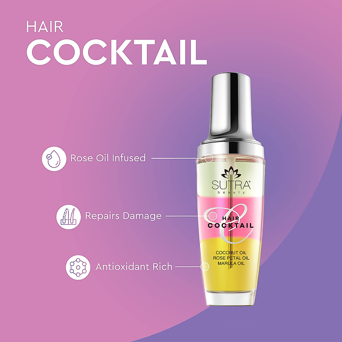 SUTRA Professional Hair Cocktail - Conditioning Hair Serum for Damaged Hair, Leave-In Treatment, Coconut, Rose Petal, and Marula Oil, 2.20 oz