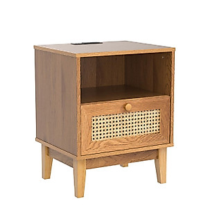 Betterhood Rattan Nightstand Set of 2, Boho Bedside Table with Drawer and Charging Station, Wooden Side Table for Bedroom, Dorm and Small Space, Natural