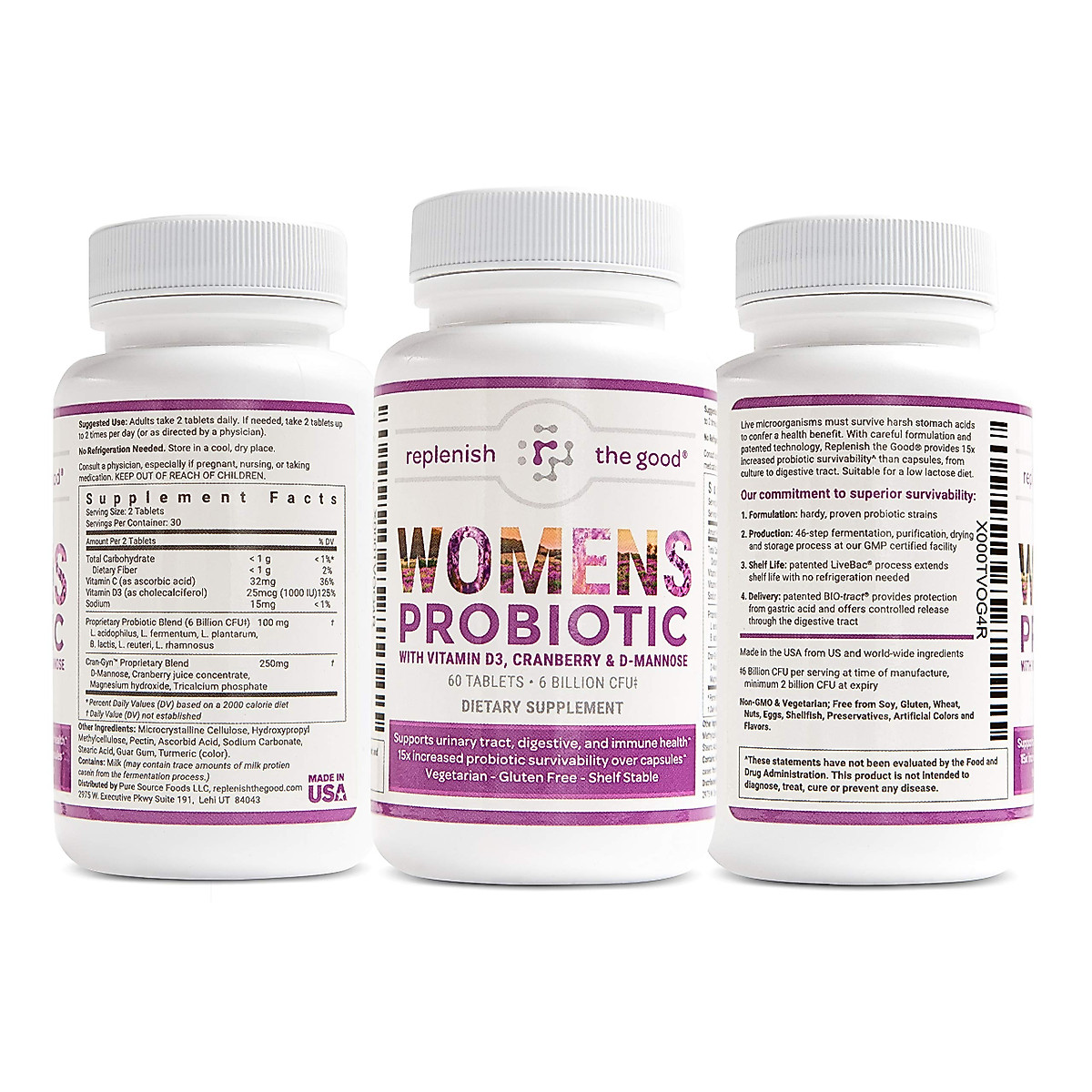 Replenish the Good Probiotics for Women Digestive Health, 60 Tablets - Gut Health Probiotics with D3, Prebiotics & Cranberry - Vegan, UTI & Yeast Defense - 15x More Effective Than Regular Capsules