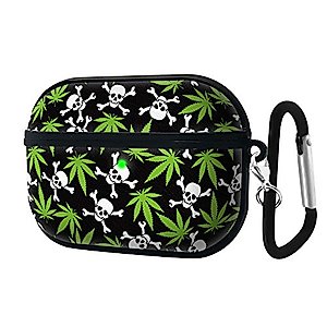 Slim Form Fitted Printing Pattern Cover Case with Carabiner Compatible with AirPods Pro 2019 / Mariguana Leaf Weed and Skull Pattern