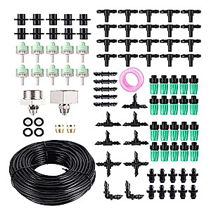 Garden Micro Spray Irrigation System,80 FT/25 M Mist Irrigation Kits with 1/4" Distribution Hose Adjustable Nozzle Emitters,Automatic Patio Misting Sprinkler Plant Watering System Barbed Fittings