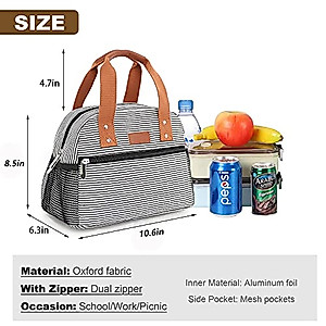 Lunch Bag for Women Insulated Lunch Box with Pockets Durable and Small Lunch Tote Bag for Work, School and Picnic (White Stripe)