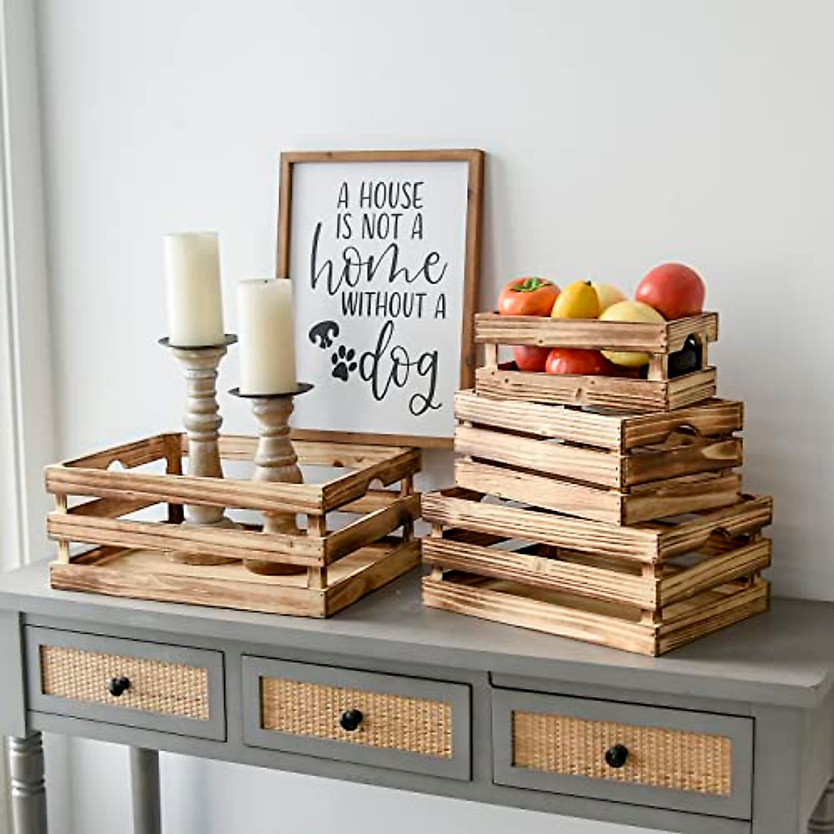 MACVAD Set of 4 Large Torched Wood Decorative Storage Crates, Nesting Wooden Crates for Display Rustic, Farmhouse Wooden Storage Container Boxes Made from 100% Wood