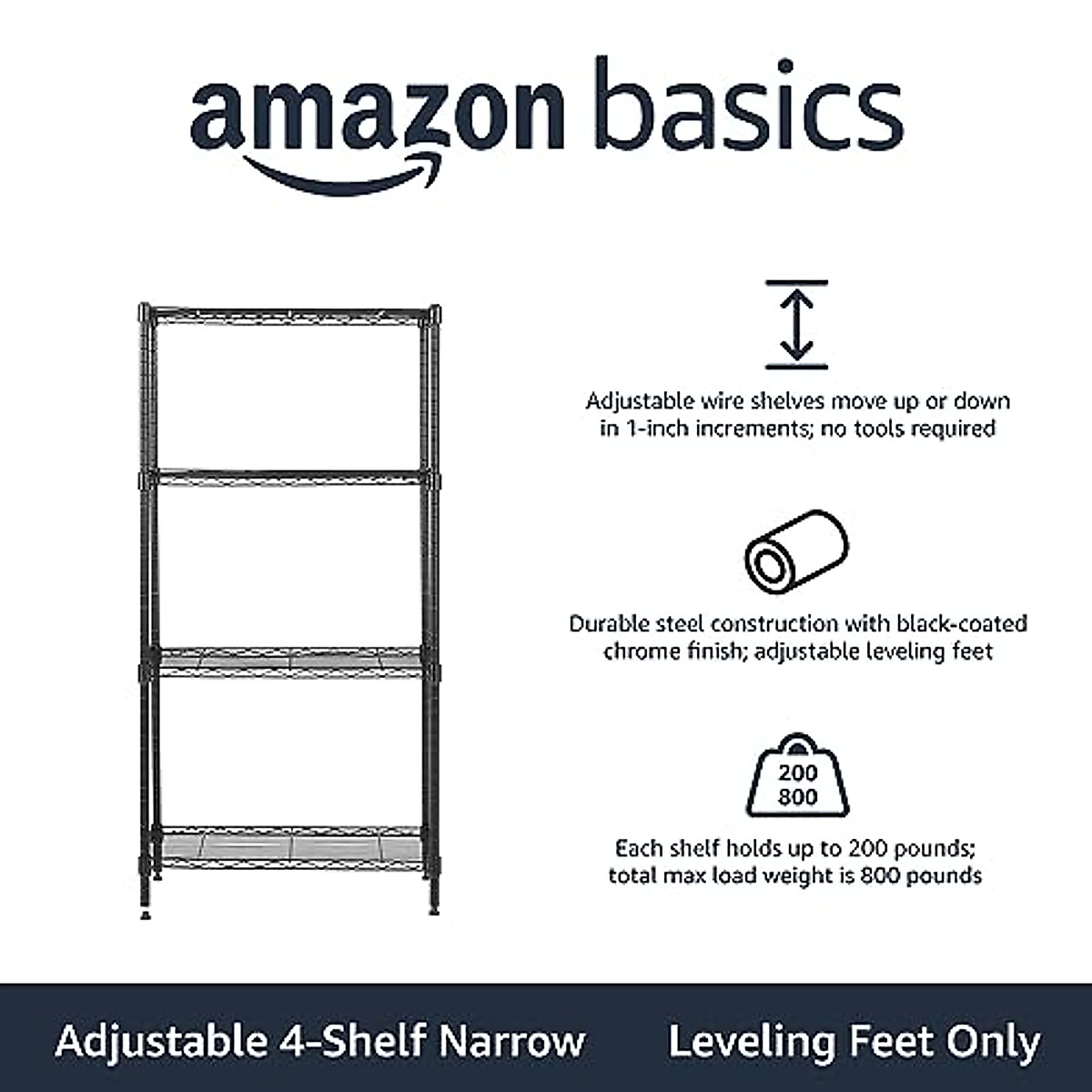 Amazon Basics 4-Shelf Adjustable, Storage Shelving Unit, (200 Pound Loading Capacity per Shelf), Steel Organizer Wire Rack, 13.4"D x 23.2"W x 48"H, Black