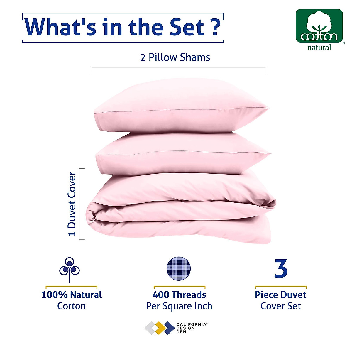 California Design Den King Size Duvet Cover Set, 400 Thread Count 100% Cotton Sateen, Soft Luxury Sateen Weave Comforter Cover and Two Pillow Shams, Button Closure and Corner Ties (Pink, King)