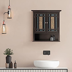 Teamson Home Windsor Over The Toilet Removable Wall Medicine Cabinet with 1 Fixed and 1 Adjustable Shelves 3 Storage Spaces 2 Glass Mosaic Doors and Rubbed Bronze-Finished Knobs, Dark Espresso