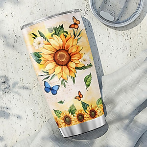 JENOIS Flower Floral Cups, Sunflower Gifts, Sunflower Inspirational Quotes, Tumbler 20 Oz With Lid And Straw