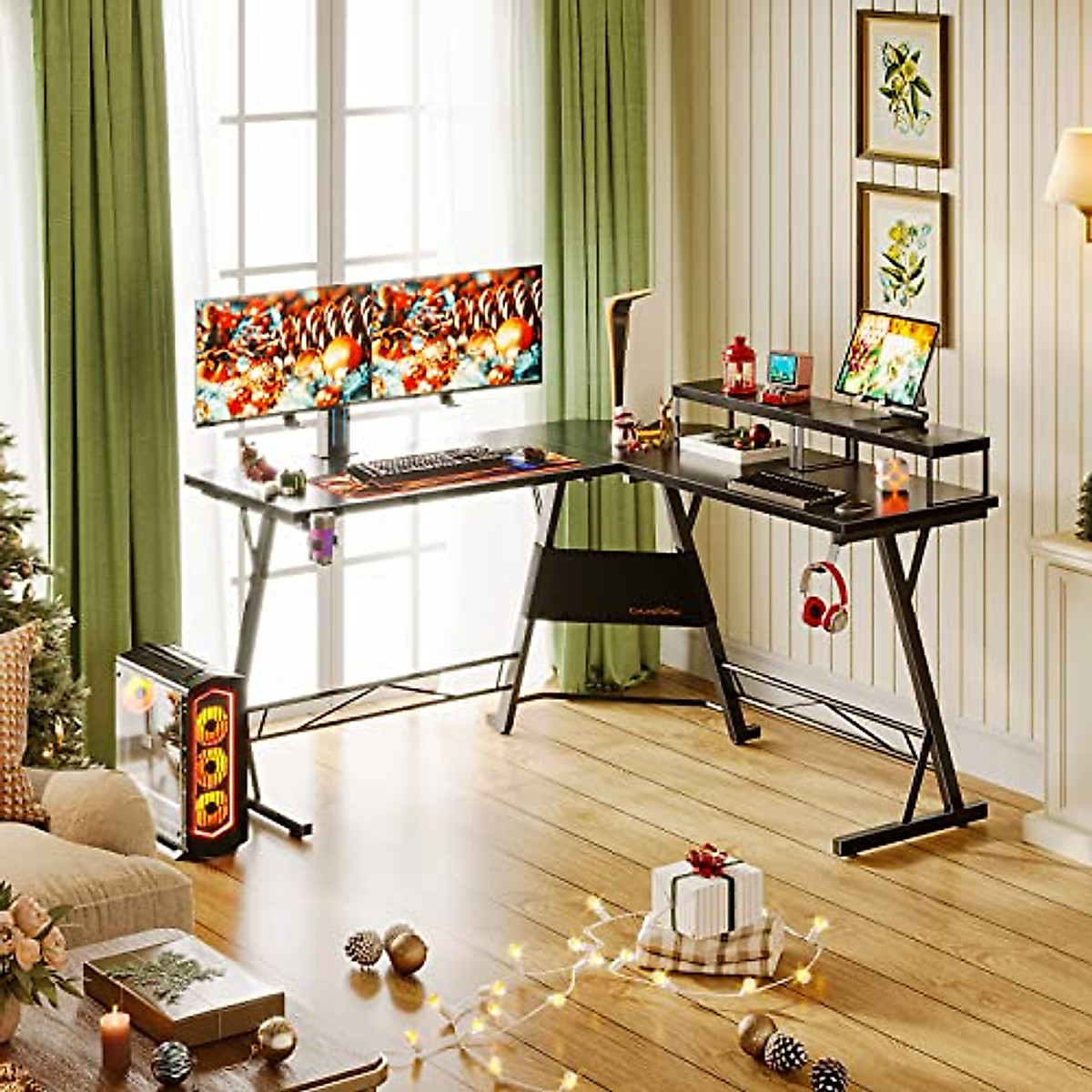 Coleshome L Shaped Gaming Desk, 51'' Computer Corner Desk with 2 Monitor Stands, Home Office Desk with Hook and Cup Holder, Space Saving, Easy Assembly