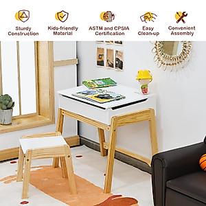 Costzon Kids Table and Chair Set, Wooden Lift-top Desk & Chair w/Storage Space, Safety Hinge, Gift for Toddler Drawing, Reading, Writing, Homeschooling, Children Activity Table & Chair (White)
