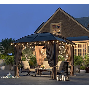 HERA'S HOUSE 10x10 Outdoor Hardtop Gazebo, Patio Canopy Flea Defence with Mosquito Netting&Curtains, Permanent Polycarbonate Tent Pergola for Lawn, Parties, Courtyard, Garden(Brown)