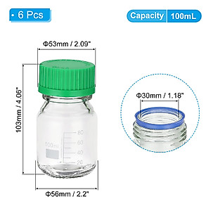 PATIKIL 6 Pack Reagent Media Storage Bottles, 100ml Borosilicate Glass Graduated Round Bottles with GL32 Green Screw Cap for Lab Water Reagent Liquids, Clear