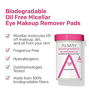 Almay Biodegradable Makeup Remover Pads, Micellar Gentle, Hypoallergenic, Fragrance-Free, Dermatologist & Ophthalmologist Tested, 120 Count