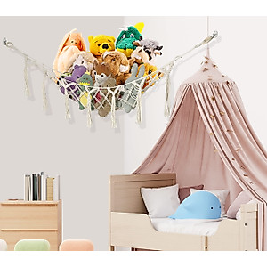 Artist Unknown Stuffed Animal Net or Hammock Jumbo - with Warm White LED String Star Lights, Wall Hooks- Stuffed Animal Hammock - Wall Net for Stuffed Animals - (X-Large - Cream / Ivory)