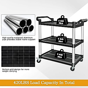 MAYNIYJK Plastic Utility Carts with Wheels, 3-Tier Restaurant Cart, Heavy Duty Rolling Cart Food Service Cart 420LBS, Bus Cart with Lockable Wheels and Rubber Hammer for Warehouse/Kitchen, Black