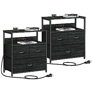 Furnulem Nightstand Set of 2, End Table with Charging Station, Industrial Bedside Tables with USB Ports & Power Outlets, 3 Fabric Drawer Dresser with Shelf for Bedroom, Living Room, Black Oak