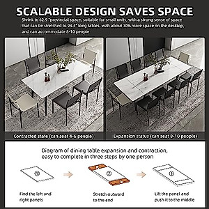 Luck Live 62.9'' to 94.4'' Extendable Dining Tables for 4 to 8 - New sintered Stone Material Rectangle Dining Table -High Hardness，White, Easy