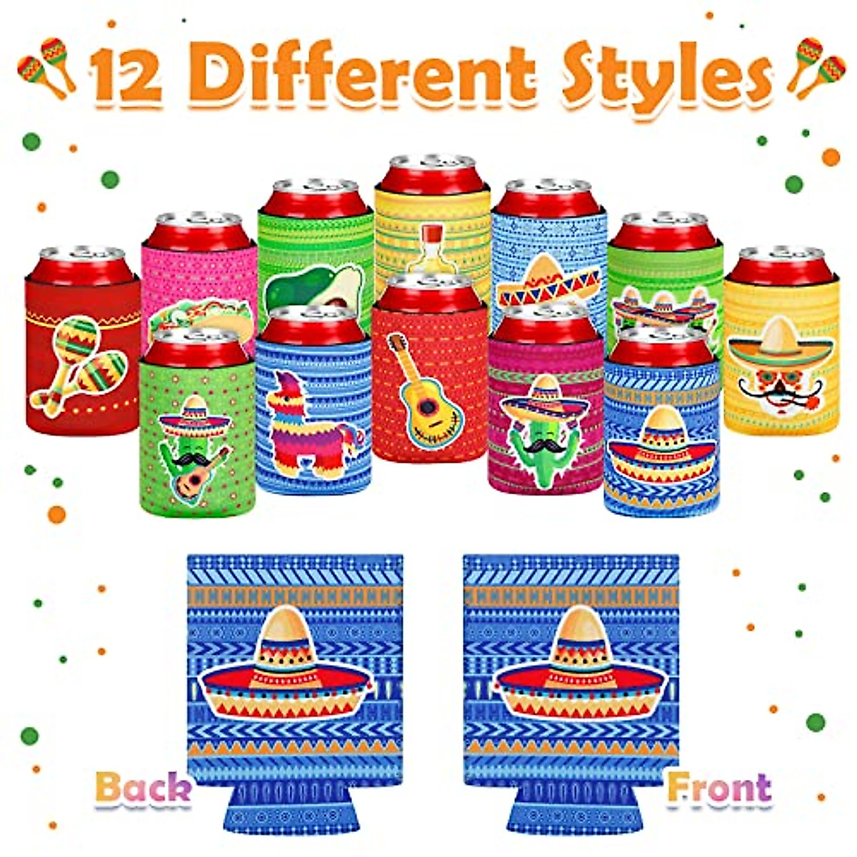 12 Pcs Mexican Can Cooler Sleeves Fiesta 12 oz Insulated Neoprene Can Cover for Soda Beer Beverages Cactus Mexican Party Decorations Cinco De Mayofiesta Party Supplies