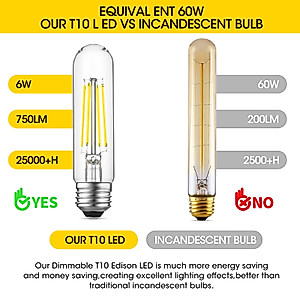 Gozelux E26 LED Bulb 6W Equal 60 Watt Light Bulbs Daylight 5000K E26 Edison Bulb AC120V 750lm Dimmable 5 Inch Long Tubular T10 LED Bulb for Rustic Pendant, Chandeliers, Wall Sconces, Pack of 6