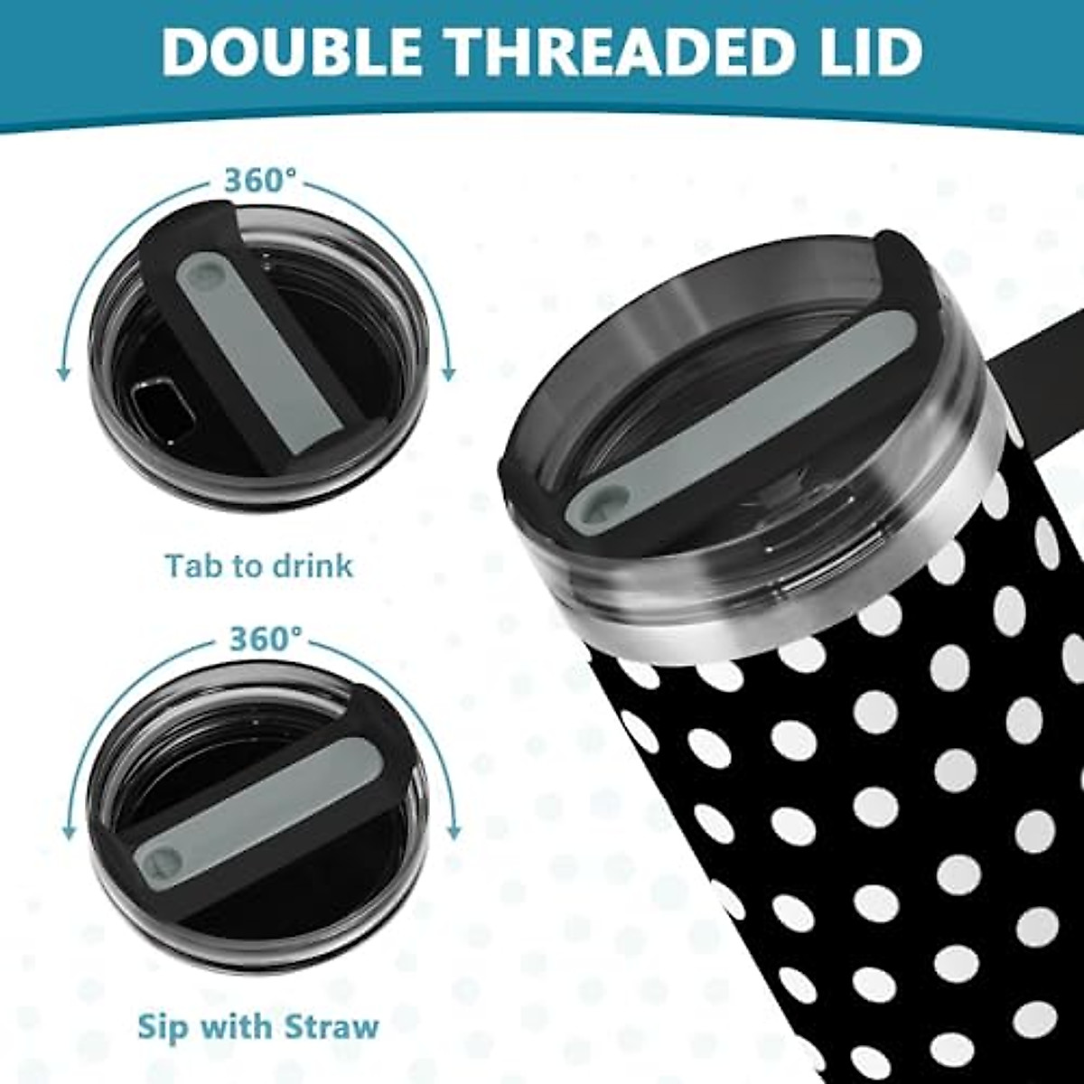 Flradish 40oz Tumbler with Handle, Polka Dots Black White Stainless Steel Tumbler with Lid and Straws Double Wall Vacuum Insulated Leakproof Coffee Travel Mug