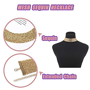 Masiter Sparkly Sequin Mesh Necklace Adjustable Gold Choker Chain Party Costume Jewelry for Women