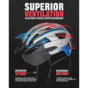 VICTGOAL Bike Helmet with USB Rechargeable Rear Light Detachable Magnetic Goggles Removable Sun Visor Mountain & Road Bicycle Helmets for Men Women Adult Cycling Helmets (L: 57-61 cm, Silver)
