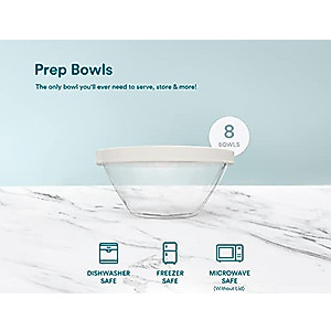 KooK Small Glass Prep Bowls with Lids Set, Clear Mini Food Storage Containers, Perfect for Dips, Microwave & Dishwasher Safe, 7.25 oz, Set of 8