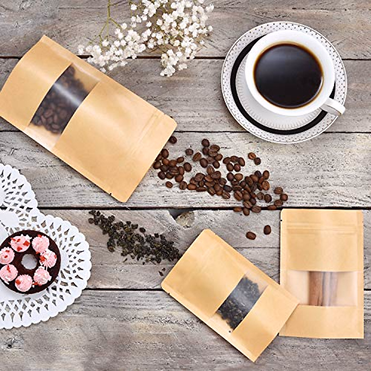 50 Pcs Self Sealing Sealable Packaging Paper Bags Waterproof Transparent Window Brown Stand Up Zipper Pouches Can Reusable for Food Tea Coffee bags Beans Nuts Seeds Dried Fruits Pouch (5.5"x.7.8")…