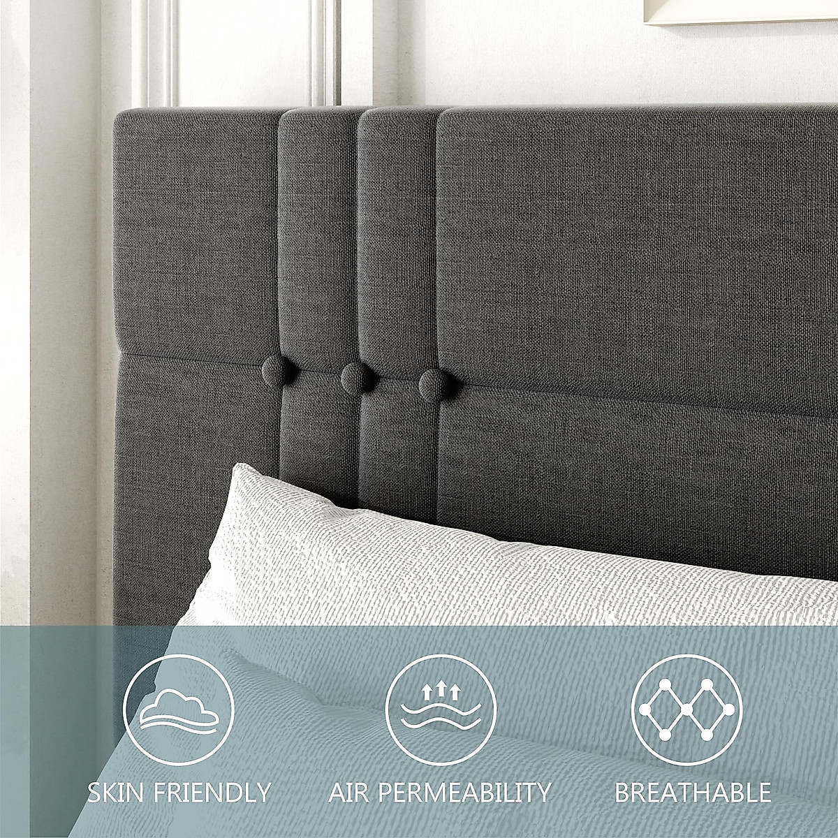 Bekusu Upholstered Queen Bed Frame with Adjustable Headboard and Sturdy Wooden Slats, Non-Slip and Noise-Free Design No Box Spring Needed Easy Assembly Dark Grey