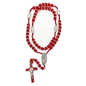 Bead Rosary Necklace with Crucifix and Our Lady of Guadalupe Medal Red Beads Catholic Prayer Rosaries Necklaces Jewelry for Boys Men Gifts Box (Silver)